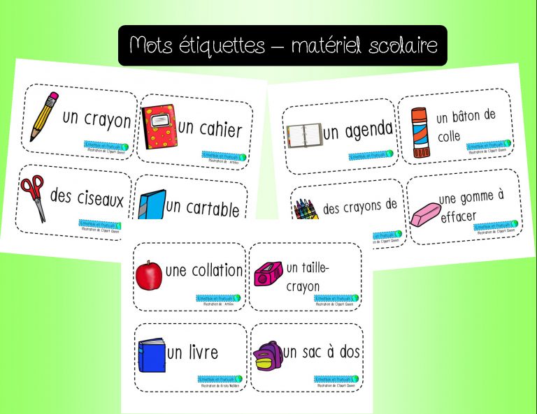 Mots étiquettes – matériel scolaire – Ensemble en Français